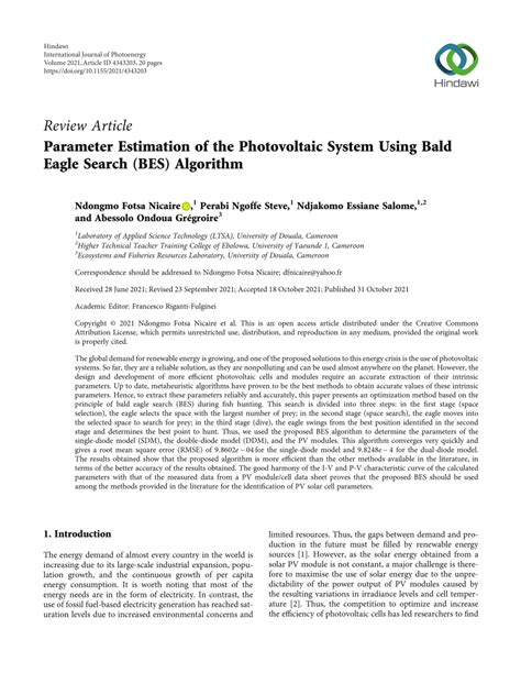 Pdf Parameter Estimation Of The Photovoltaic System Using Bald Eagle