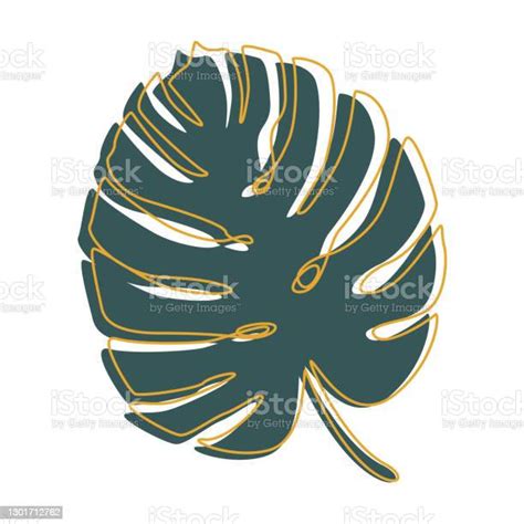 몬스터 잎 연속 한 줄 아트 에코 로고를 위한 흰색 배경 미니멀리스트 디자인에 그려진 황금 윤곽이 있는 여름 열대 녹색 잎 추상