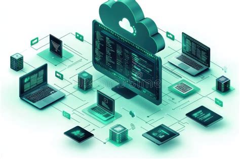 Digital Network Of Cloud Computing Systems Connecting Various Devices And Data Storage Stock