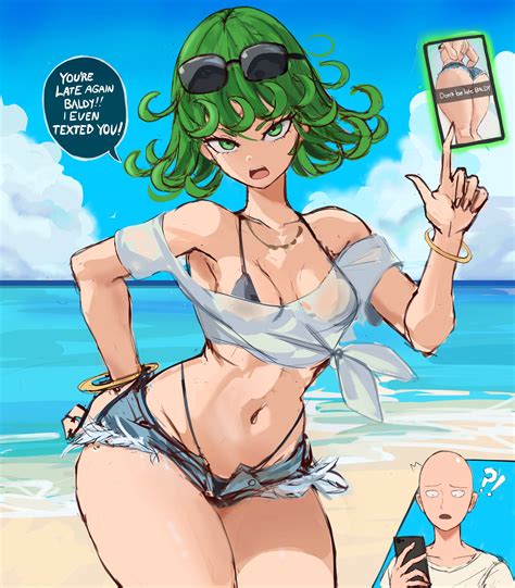 Rakeemspoon Saitama One Punch Man Tatsumaki One Punch Man Highres Beach Bikini Bikini