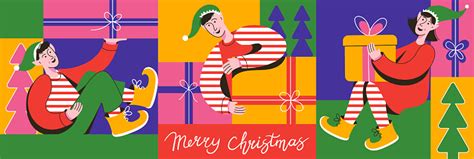 크리스마스 산타 엘프 귀여운 어린 소년과 소녀 선물을 가진 산타 도우미 메리 크리스마스 인사말 카드 배너 또는 포스터 꼬마 요정에 대한 스톡 벡터 아트 및 기타 이미지