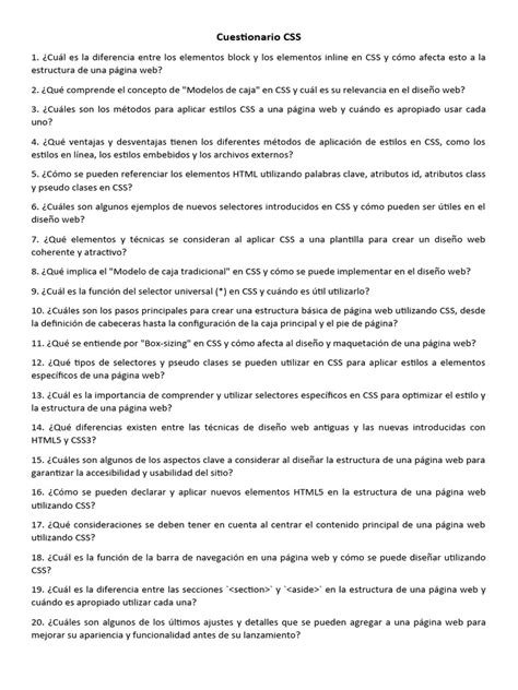 Cuestionario Css Pdf Diseño Web Desarrollo De Software