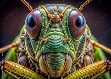 Magnified Microscopic Image Of A Grasshoppers Face Reveals Intricate Compound Eyes Antennae