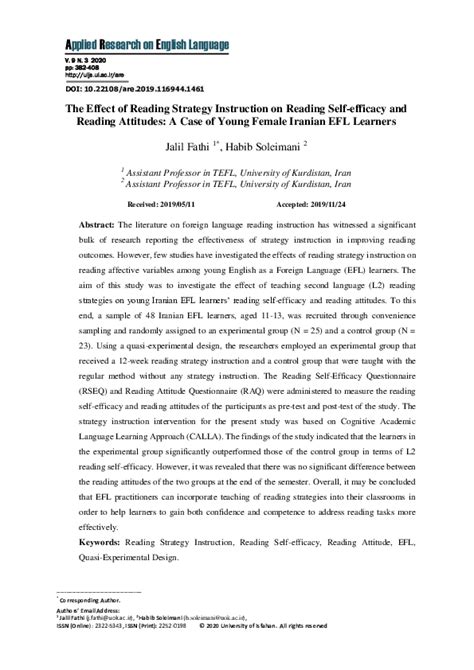 Pdf The Effect Of Reading Strategy Instruction On Reading Self Efficacy And Reading Attitudes