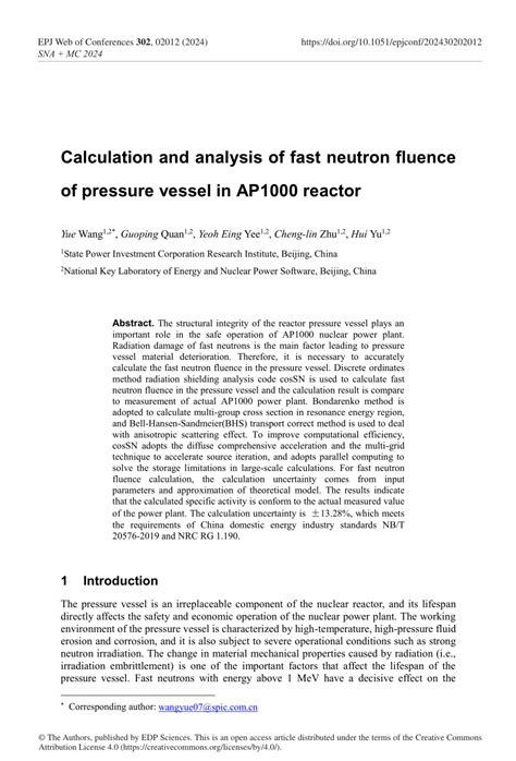 Pdf Calculation And Analysis Of Fast Neutron Fluence Of Pressure Vessel In Ap1000 Reactor