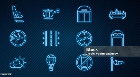 세트 라인 콘 기상학 윈드 삭 바람개비 고글이 달린 비행사 모자 항공기 격납고 공항 활주로 레이더 표적 모니터 비행기 좌석 나침반 및 헬리콥터 아이콘 벡터 공항에 대한 스톡