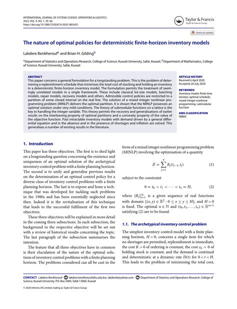 Pdf The Nature Of Optimal Policies For Deterministic Finite Horizon Inventory Models