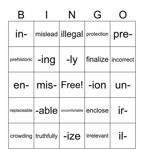 Prefix Suffix Root Word Bingo Card