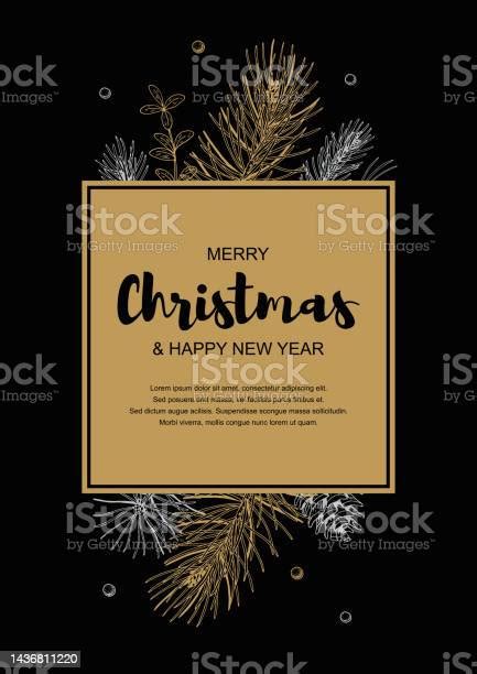 메리 크리스마스와 새해 복 많이 받으세요 수직 디자인으로 검은 배경에 손으로 그린 황금빛 상록 가지가 있습니다 스케치 스타일의 벡터 일러스트 레이 션 크리스마스에 대한 스톡