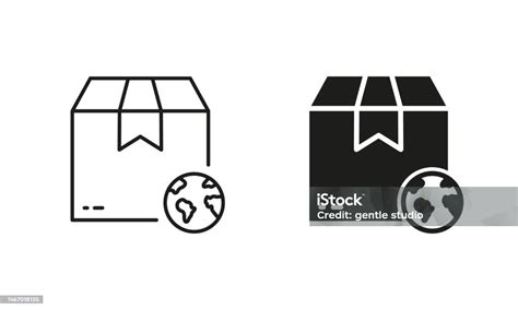 월드 와이드 배송 소포 상자 및 글로브 실루엣 및 라인 아이콘 세트 국제 해운 산업 픽토그램 글로벌 전세계 수입 수출 소매 편집 가능한 획 고립된 벡터 그림 검은색에 대한