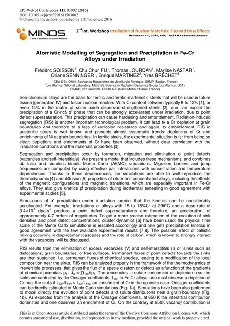 Pdf Atomistic Modelling Of Segregation And Precipitation In Fe Cr