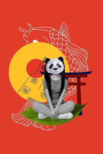 복합 3d 사진 콜라주 디자인 트렌드 스케치 머리 팬더 얼굴 젊은 아가씨 앉아 물고기 잉어 게이트 열 일본 문화 국가 전통