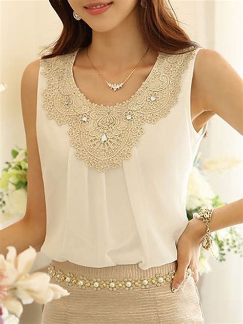 Round Neck Diamante Lace Blouses Sleeveless Chiffon Blouse Lace Blouse Chiffon Tops