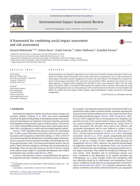 Pdf A Framework For Combining Social Impact Assessment And Risk Assessment