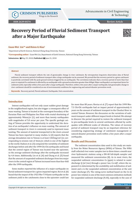 Recovery Period Of Fluvial Sediment Transport After A Major Earthquakecrimson Publishers Pdf