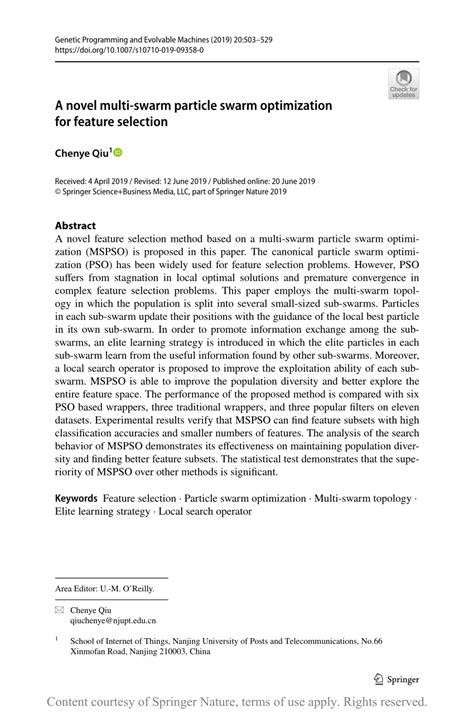 A Novel Multi Swarm Particle Swarm Optimization For Feature Selection Request Pdf