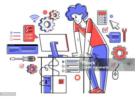 기술자 컴퓨터 엔지니어는 Pc 벡터 개요 그림을 수리하고 소프트웨어 및 하드웨어로 시스템 작업을 수정하며 시스템 관리자입니다 Cpu에 대한 스톡 벡터 아트 및 기타 이미지