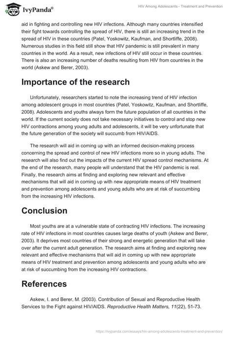 Hiv Among Adolescents Treatment And Prevention 594 Words Essay Example