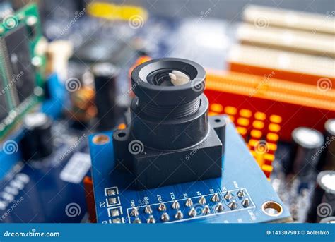 Camera With Lens On Electronic Integrated Circuit Board Concept Of High Technology And Robotics