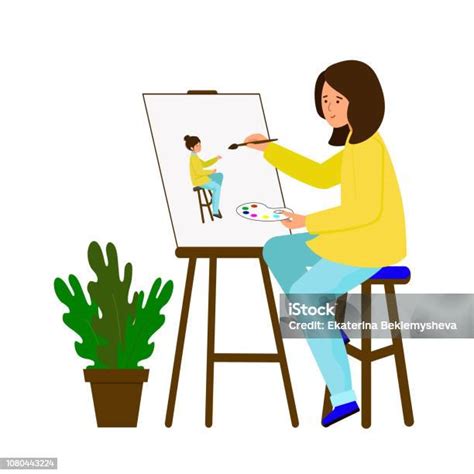소녀 그림을 그립니다 예술가 자화상을 만듭니다 이 젤에 앉아 젊은 여자를 초상화를 그리는 그림 그리기에 대한 스톡 벡터 아트 및