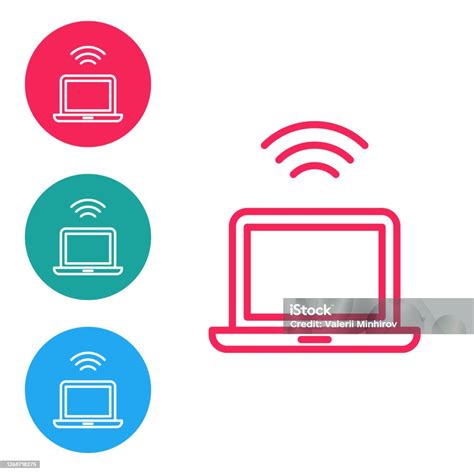 흰색 배경에 격리 된 빨간색 줄 무선 노트북 아이콘 무선 연결과 사물 인터넷 개념 원 버튼에 아이콘을 설정합니다 벡터 0명에 대한 스톡 벡터 아트 및 기타 이미지 Istock