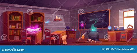 Magic School Magician Classroom Interior With Potion Spell Book Or Broom Witchcraft