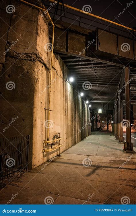 Dark City Train Underpass Sidewalk At Night Stock Image Image Of Landscape Narrow 95533847