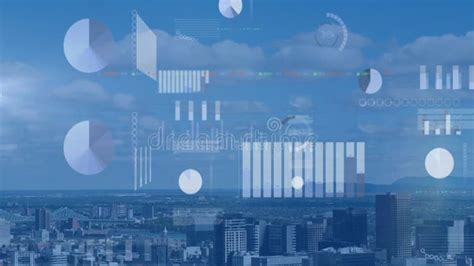 Animation Of Data Visualization Graphics Overlaying Cityscape With Blue Sky Stock Video Video