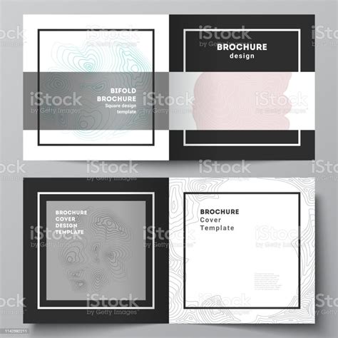 사각형 디자인 폴드 브로셔 잡지 전단지 소책자를 위한 두 개의 커버 템플릿의 편집 가능한 레이아웃의 블랙 컬러 벡터 일러스트 지형 윤곽 지도 추상 단색 배경입니다 0명에