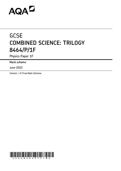 Aqa Gcse Combined Science Trilogy 8464 P 1f Physics Paper 1f Mark Scheme June 2022 Version 1 0
