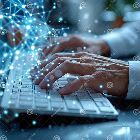 Human Computer Interface With Glowing Nodes Hands Typing Cyber