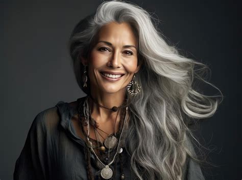 Premium Ai Image Woman With Long Thick Gray Hair