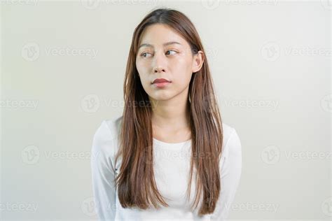 Depressed, distracted asian young woman in casual tired stressed with problem, portrait of ...