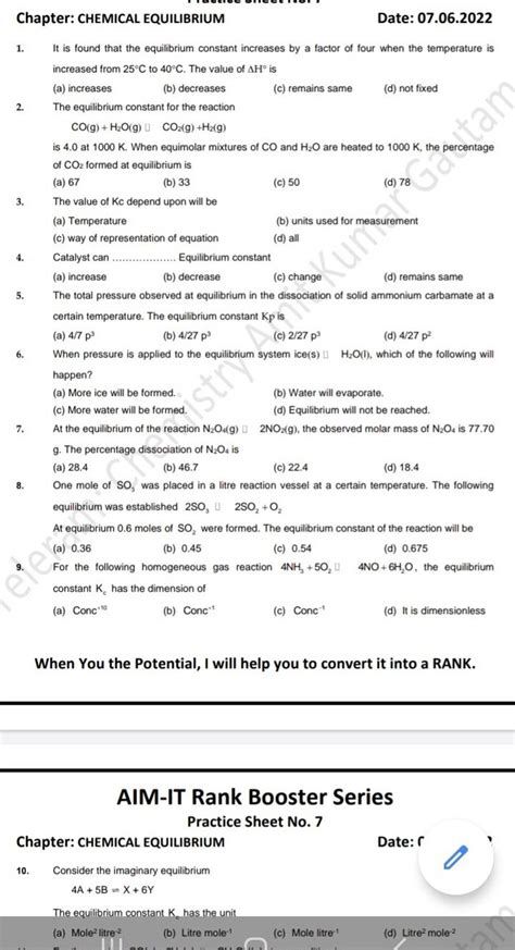 The Equilibrium Constant For The Reaction Co G H2 O G Co2 G H2 G