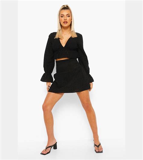 Buy Boohoo Broderie Pep Hem Top And Mini Skirt Set In Black 6thstreet