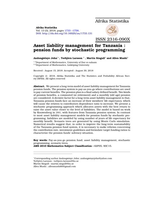 Pdf Asset Liability Management For Tanzania Pension Funds By Stochastic Programming