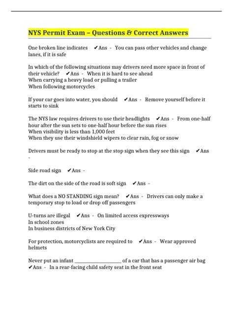 Nys Permit Exam Questions And Correct Answers Nys Driver S Permit Stuvia Us