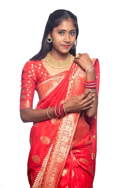 Premium Photo Portrait Of A Young Girl On Indian Traditional Saree