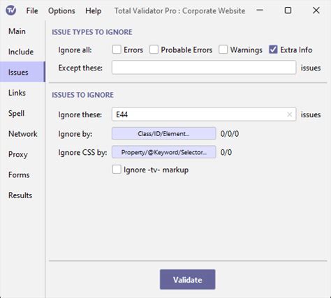 issues options documentation total validator