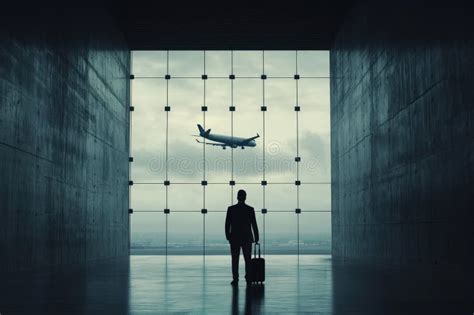 A Woman With A Suitcase Watches An Airplane Take Off At The Airport