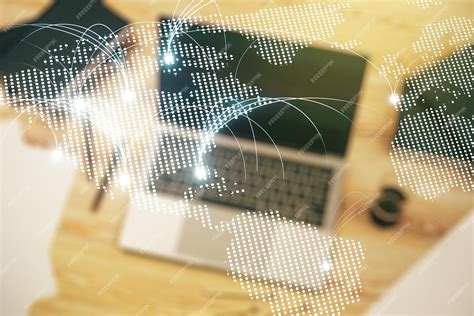 Premium Photo Double Exposure Of Abstract Digital World Map With Connections On Laptop