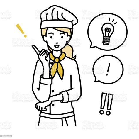 가리키는 손 제스처 전구와 느낌표 기호 세트와 함께 서 좋은 아이디어를 받고 요리사 여자 가리키기에 대한 스톡 벡터 아트 및 기타 이미지 가리키기 노랑 느낌표