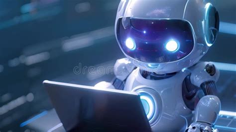 Cute Friendly Artificial Intelligence Robot Using Laptop Computer With White Neon Glow Light