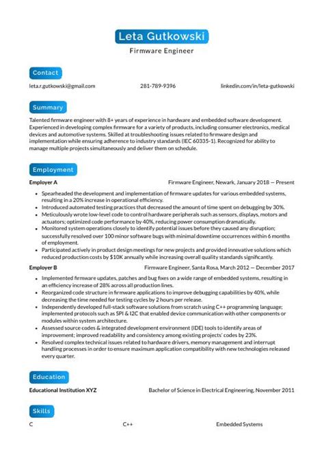 Firmware Engineer Resume Cv Example And Writing Guide
