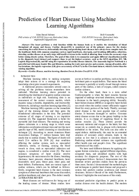 pdf prediction of heart disease using machine learning algorithms