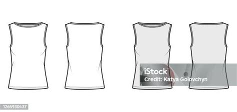 릴렉스 핏 하이 네크라인 길쭉한 밑단 민소매가 있는 코튼 저지 탱크 테크니컬 패션 일러스트 플랫 셔츠 0명에 대한 스톡 벡터