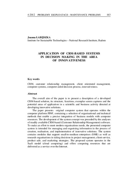 Pdf Application Of Crm Based Systems In Decision Making In The Area Of Innovativeness