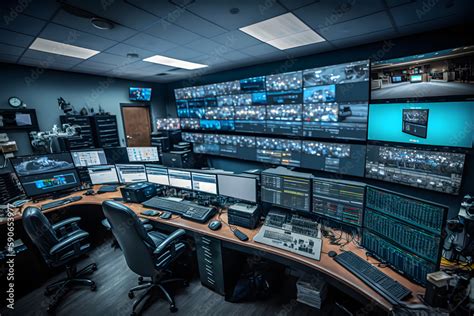 Security Control Room With Multipoke Computer Screens Showing