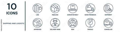 Shipping And Logistic Outline Icon Set Includes Thin Line Like Conveyor Belt Shipment