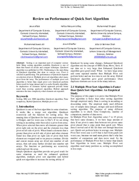 Pdf Review On Performance Of Quick Sort Algorithm